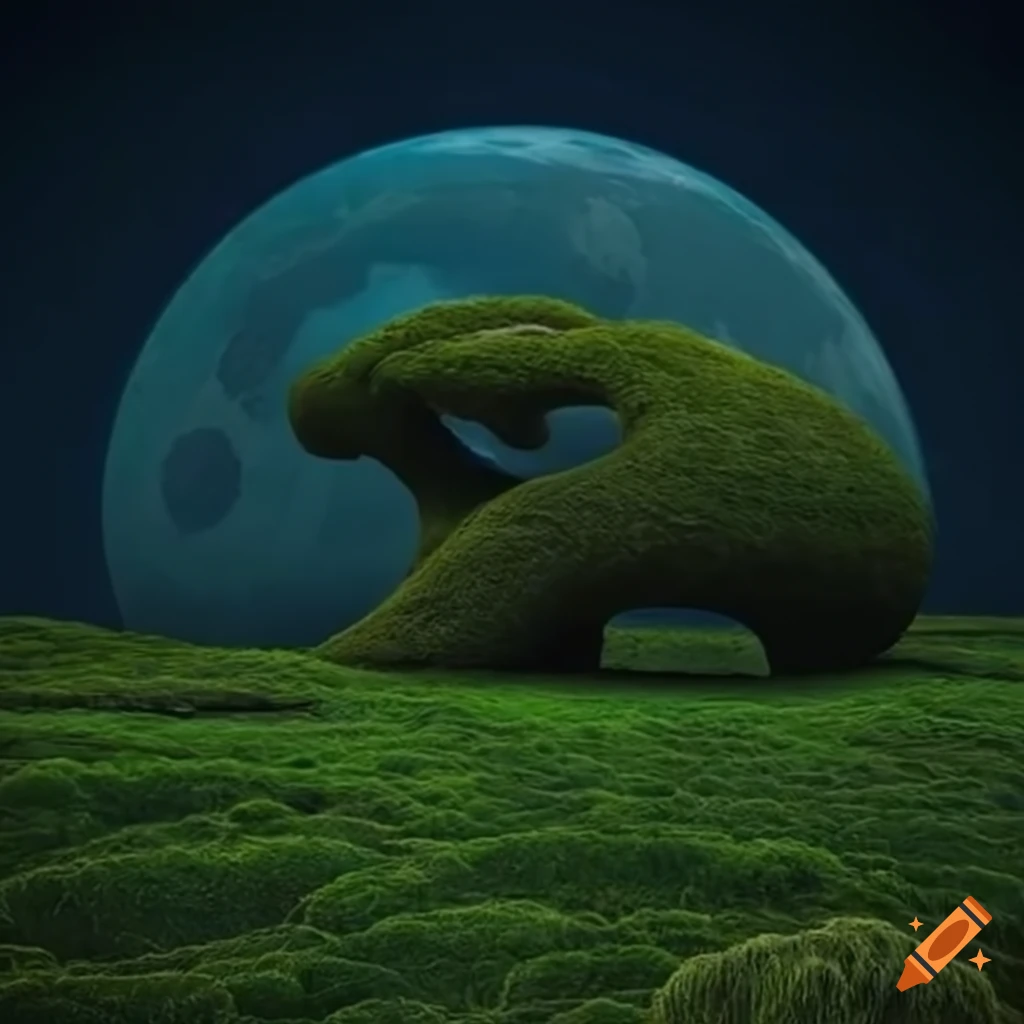 Moss-covered tree-like structure on the moon of an exoplanet on Craiyon