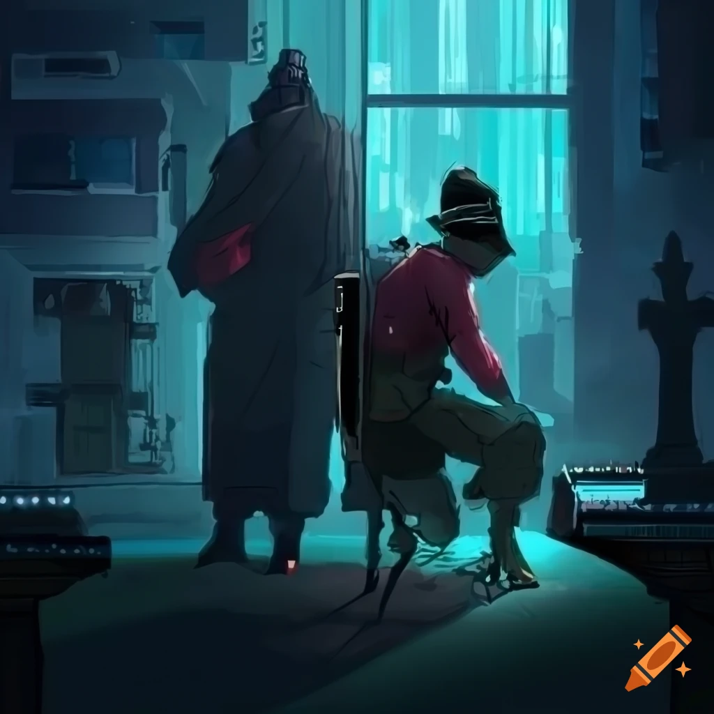 Cyberpunk robbery in a fantasy art style