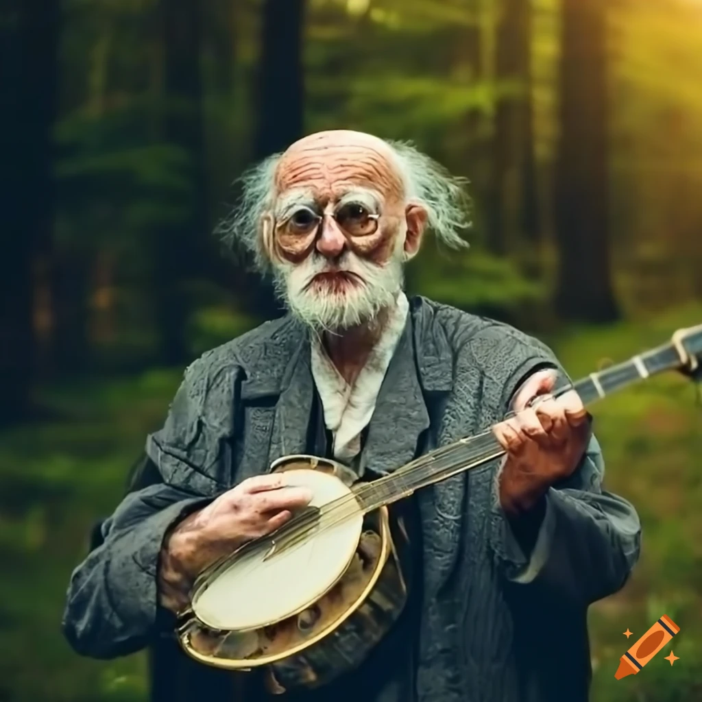 Image of an old man playing banjo in the woods on Craiyon