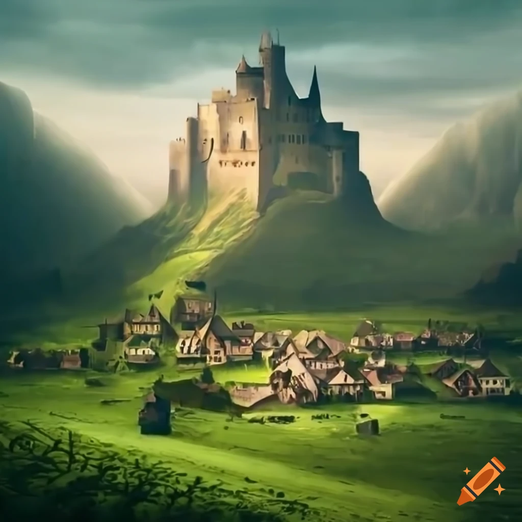 Hyperrealistic medieval village with a giant castle on Craiyon