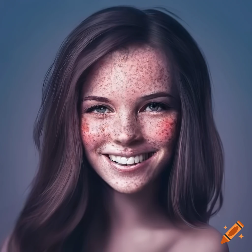 Portrait of a young woman with a beautiful smile and freckles on Craiyon
