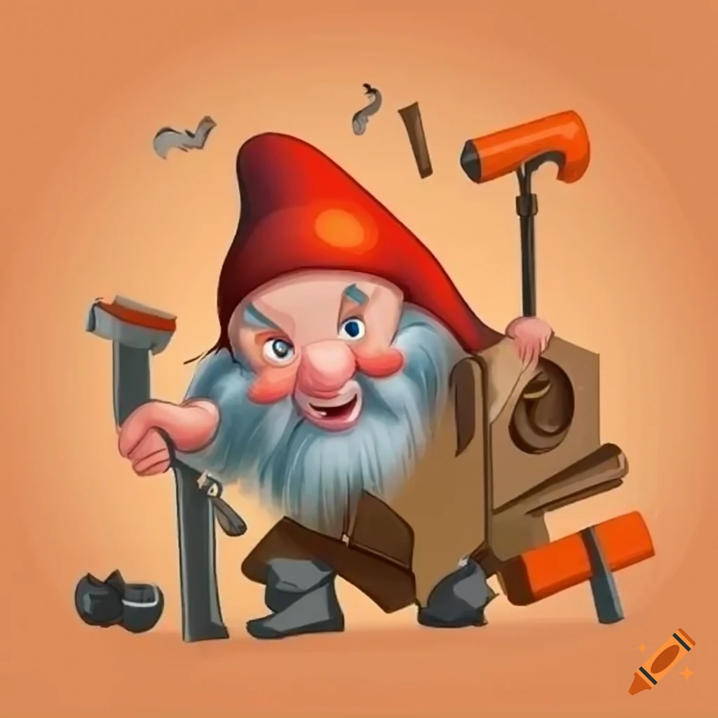Cartoon of a busy dwarf with tools and machinery