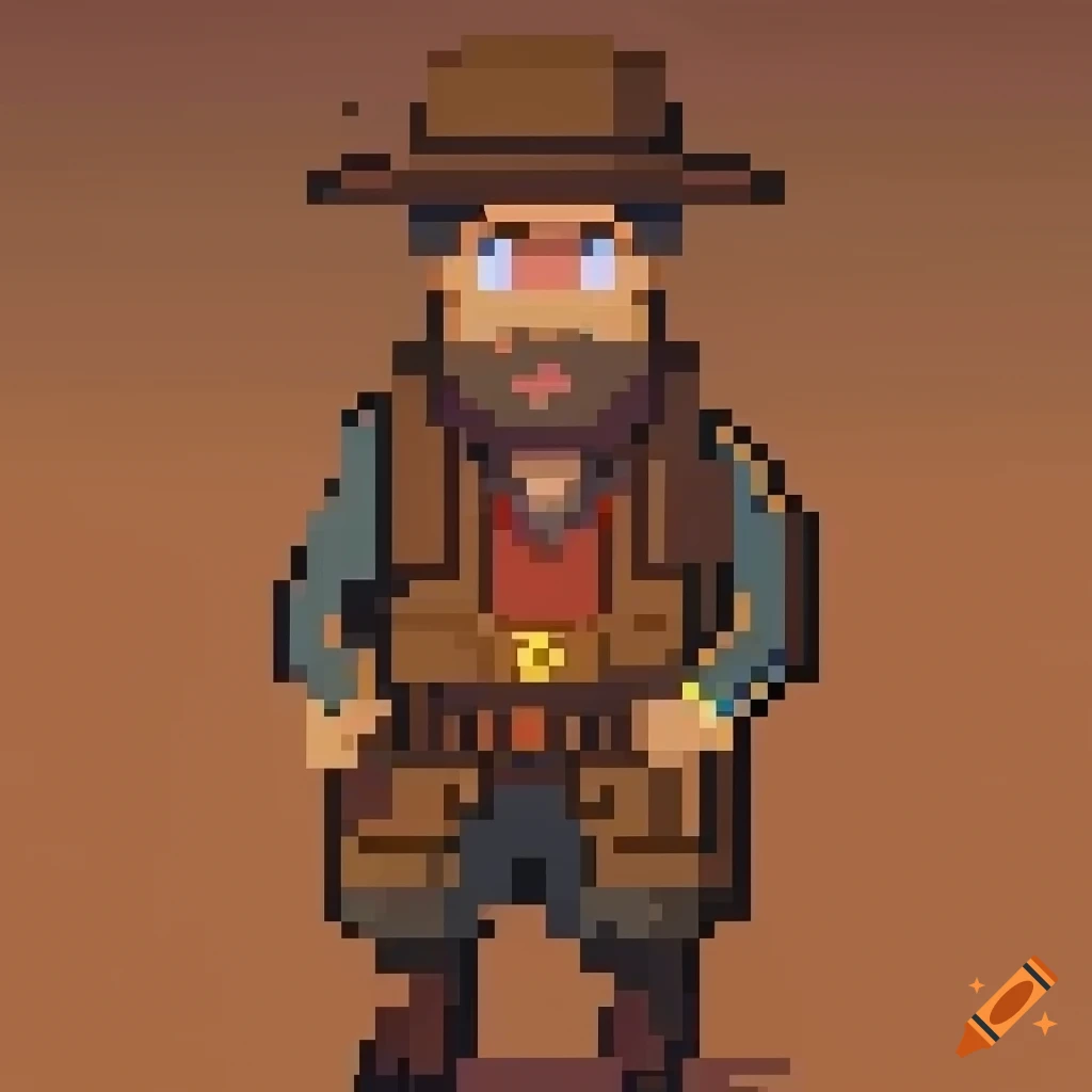 Pixel art of a store merchant in the wild west