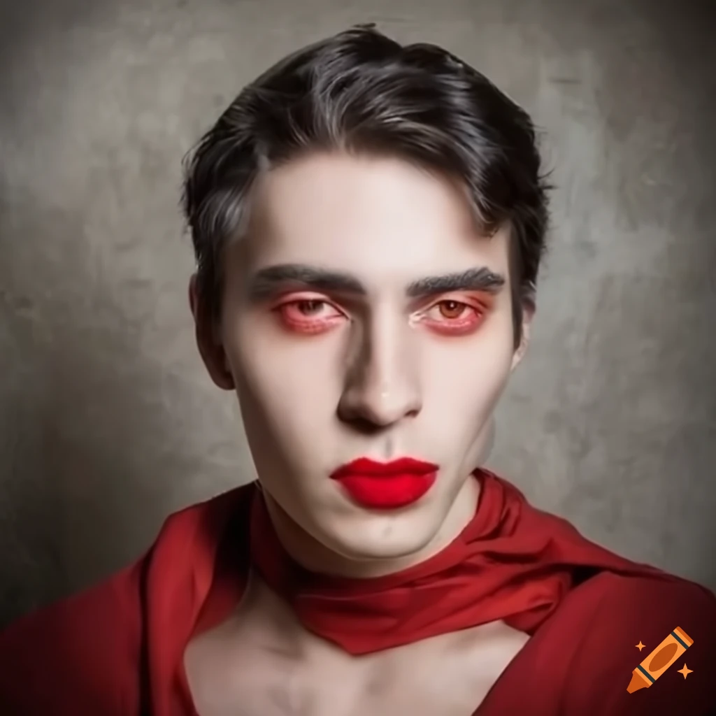 Portrait of a handsome medieval man with dark hair and red lips on Craiyon