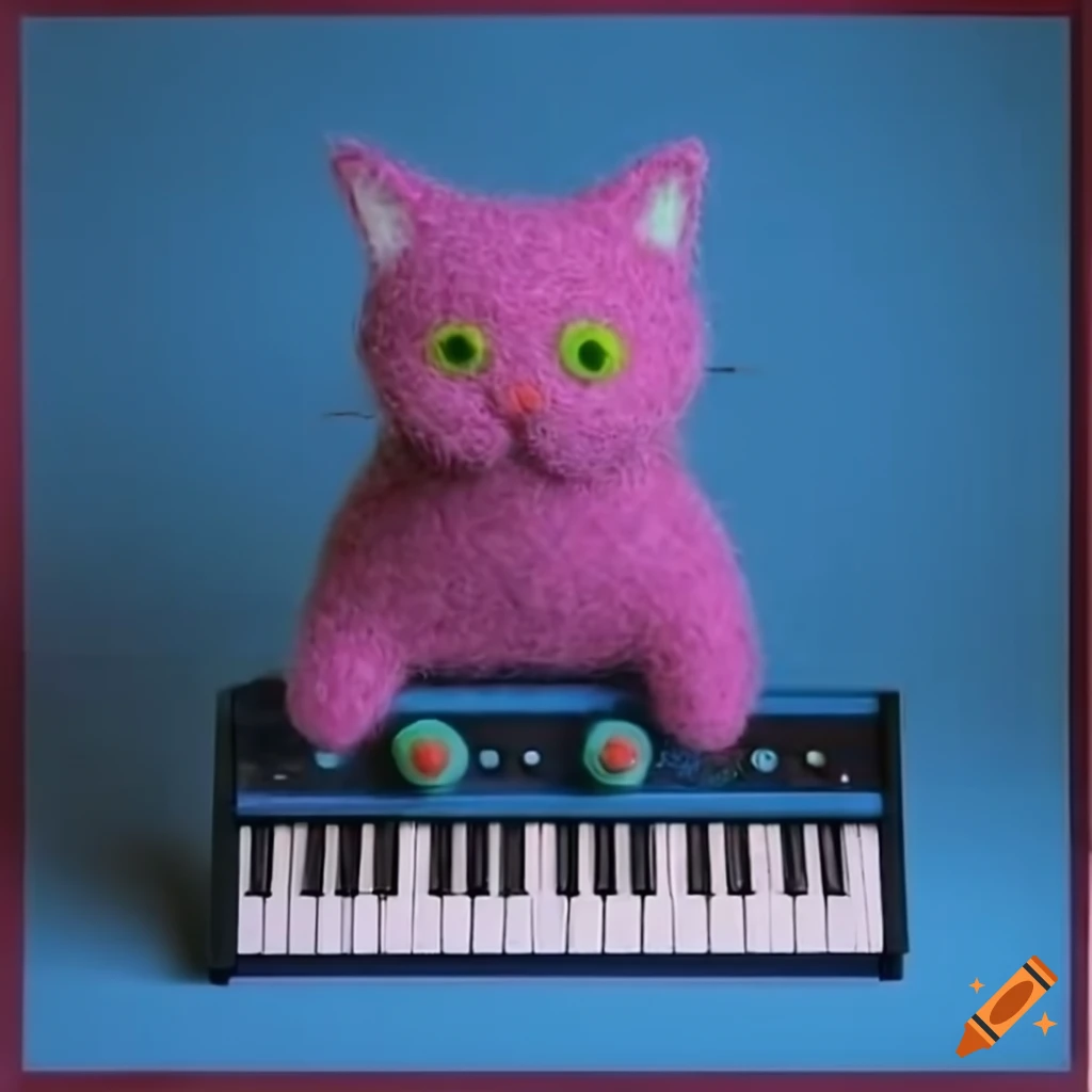 Toy cat with a moog synth on blue background on Craiyon