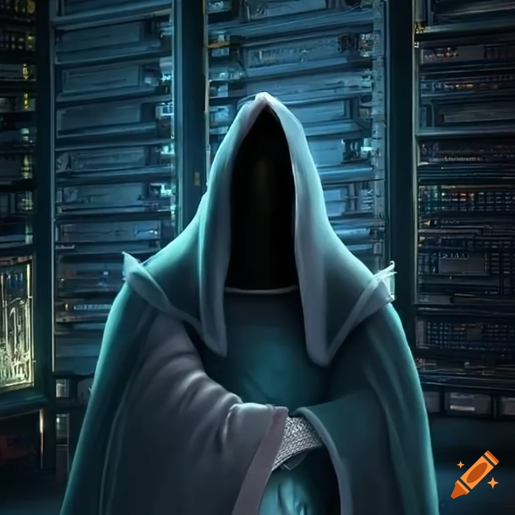 Gandalf in a high-tech workplace with cables and servers on Craiyon