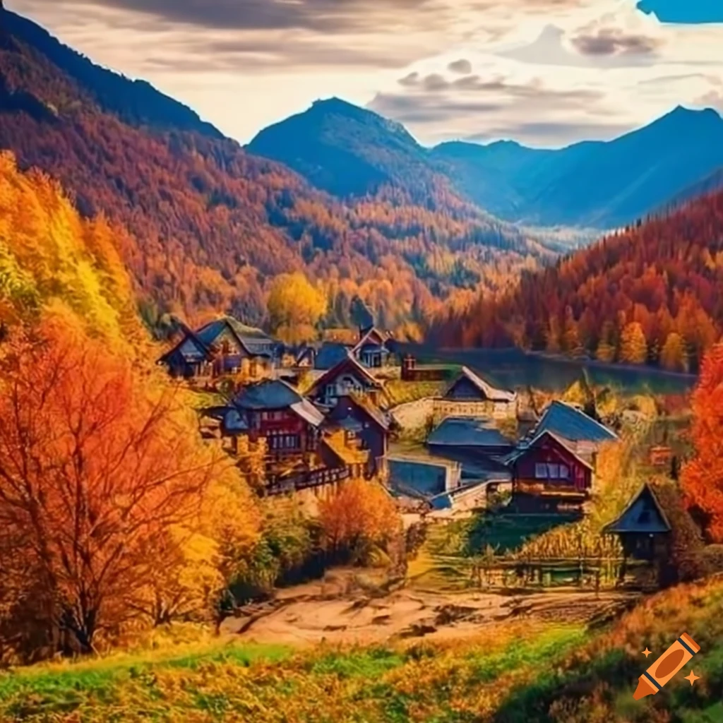 Vibrant autumn village surrounded by majestic mountains on Craiyon