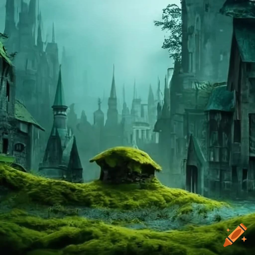 Image of a mossy medieval cityscape on Craiyon