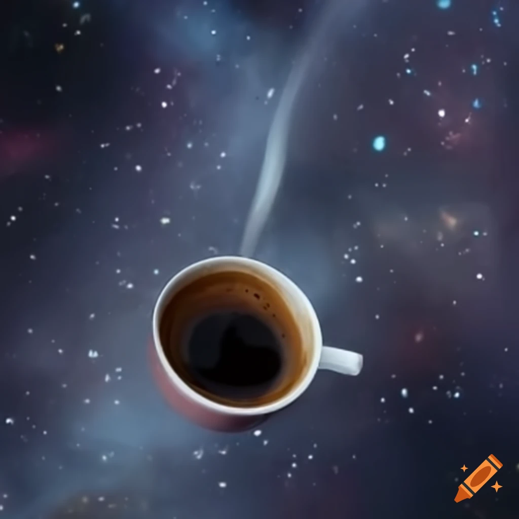 Floating coffee mug in space with coffee beans on Craiyon