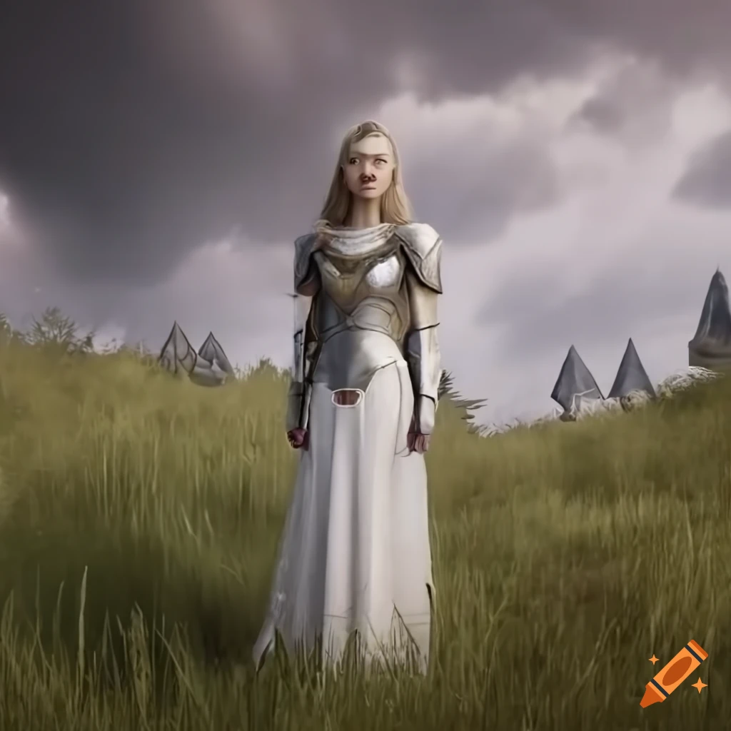 Portrait of a sci-fi queen with silver armor and royal guards on Craiyon