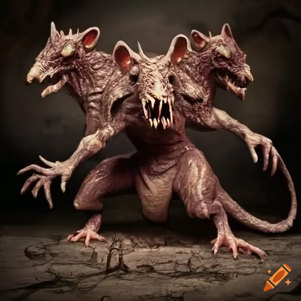 Image of a three-headed rat-vermin creature in an underground setting ...