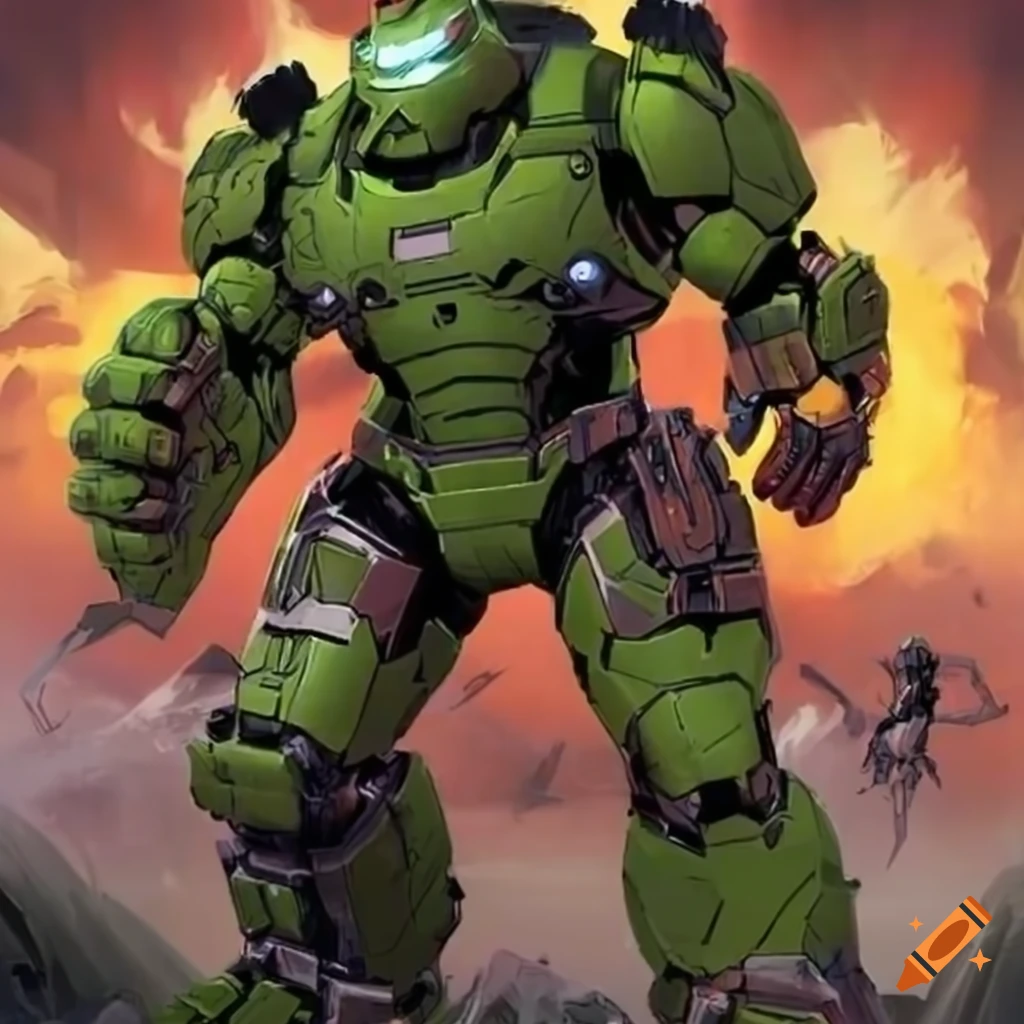 Artwork of a steam punk version of hulk buster and master chief