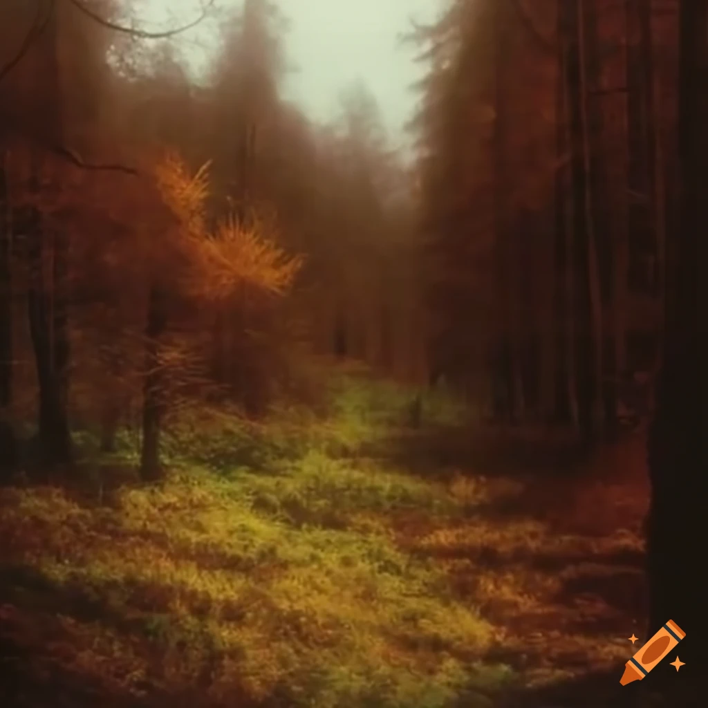 Rainy forest landscape with withered flowers and falling leaves