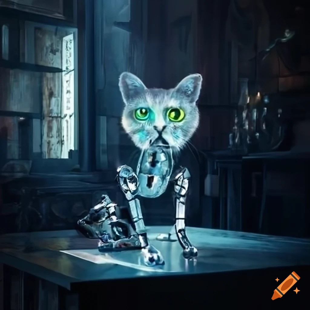 Artistic depiction of a reflective robotic cat in a lab