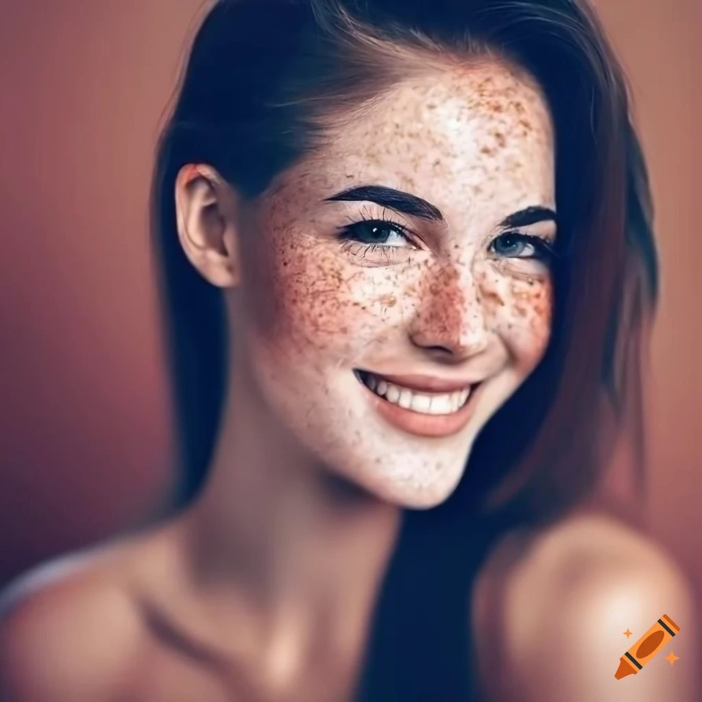 Portrait of a beautiful young woman with freckles and dark hair on Craiyon