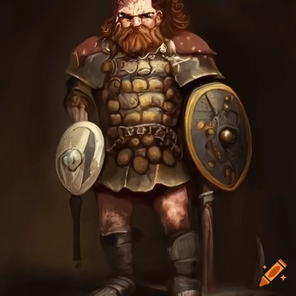 Cosplay of a proud dwarf warrior in roman armor on Craiyon