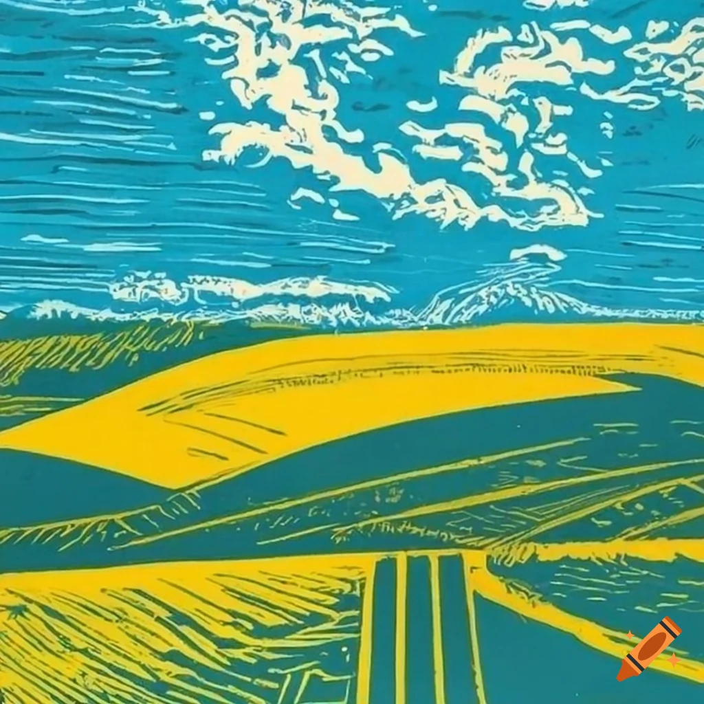 Linocut style top view of agricultural fields under a blue sky on Craiyon