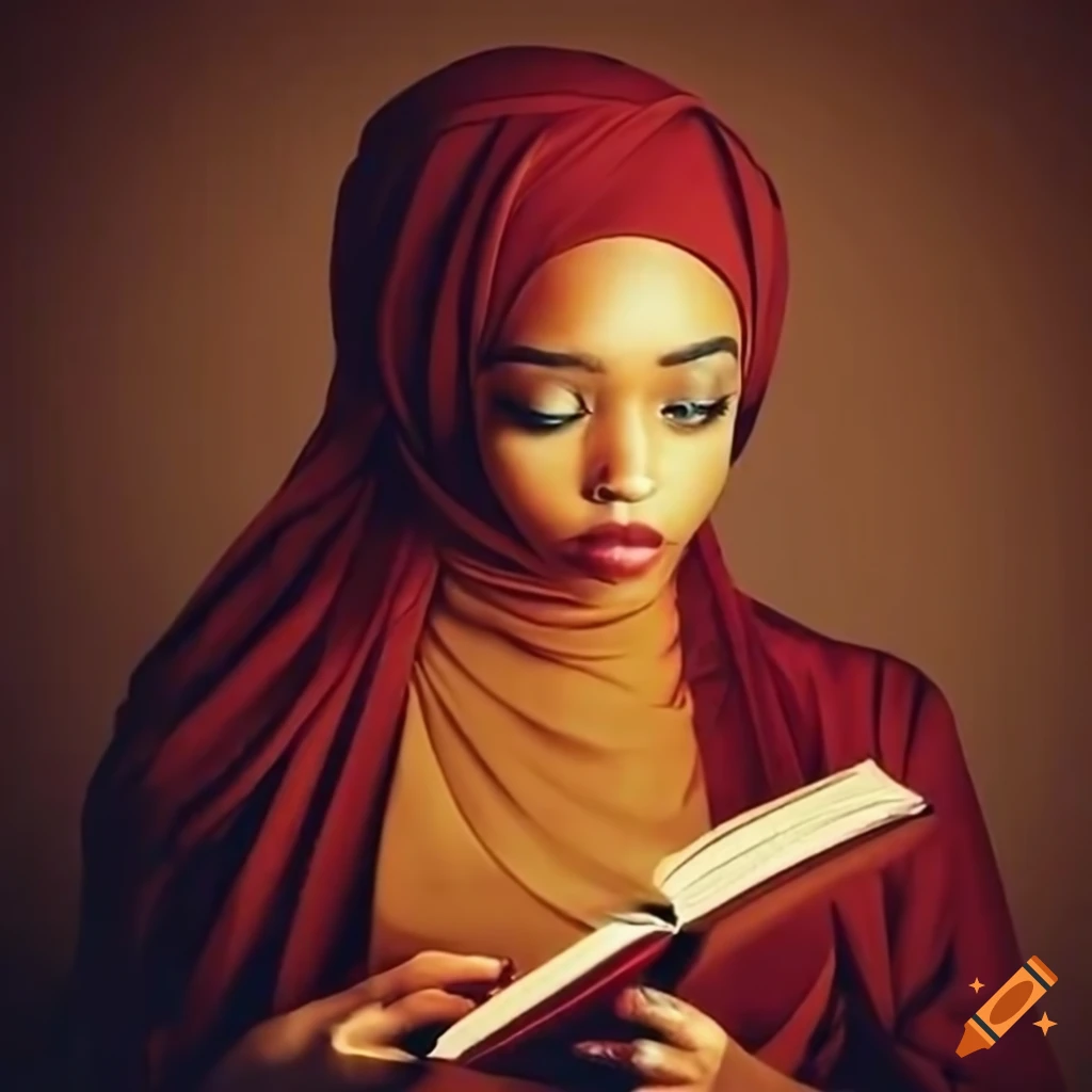 A hijabi woman reading a book on Craiyon