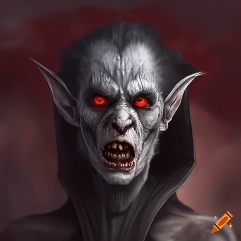 Fat bald male grey-skinned nosferatu wearing formal fantasy robes with ...