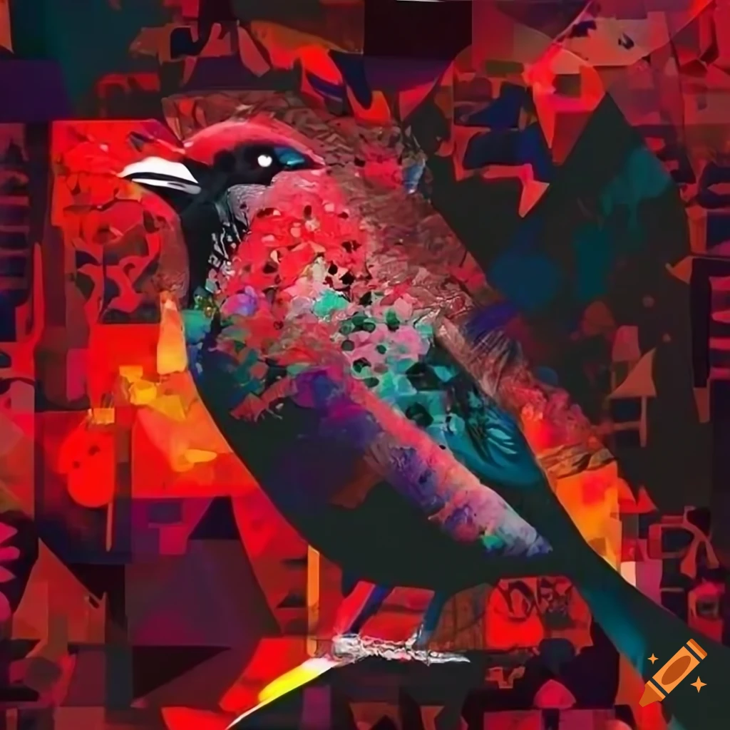 Vibrant digital artwork of a bird in abstract collage style