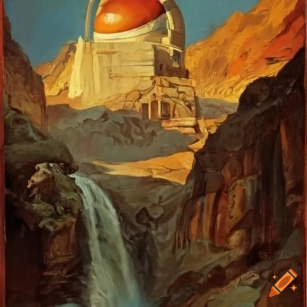 J. C. Leyendecker style mountain observatory with waterfall on Craiyon