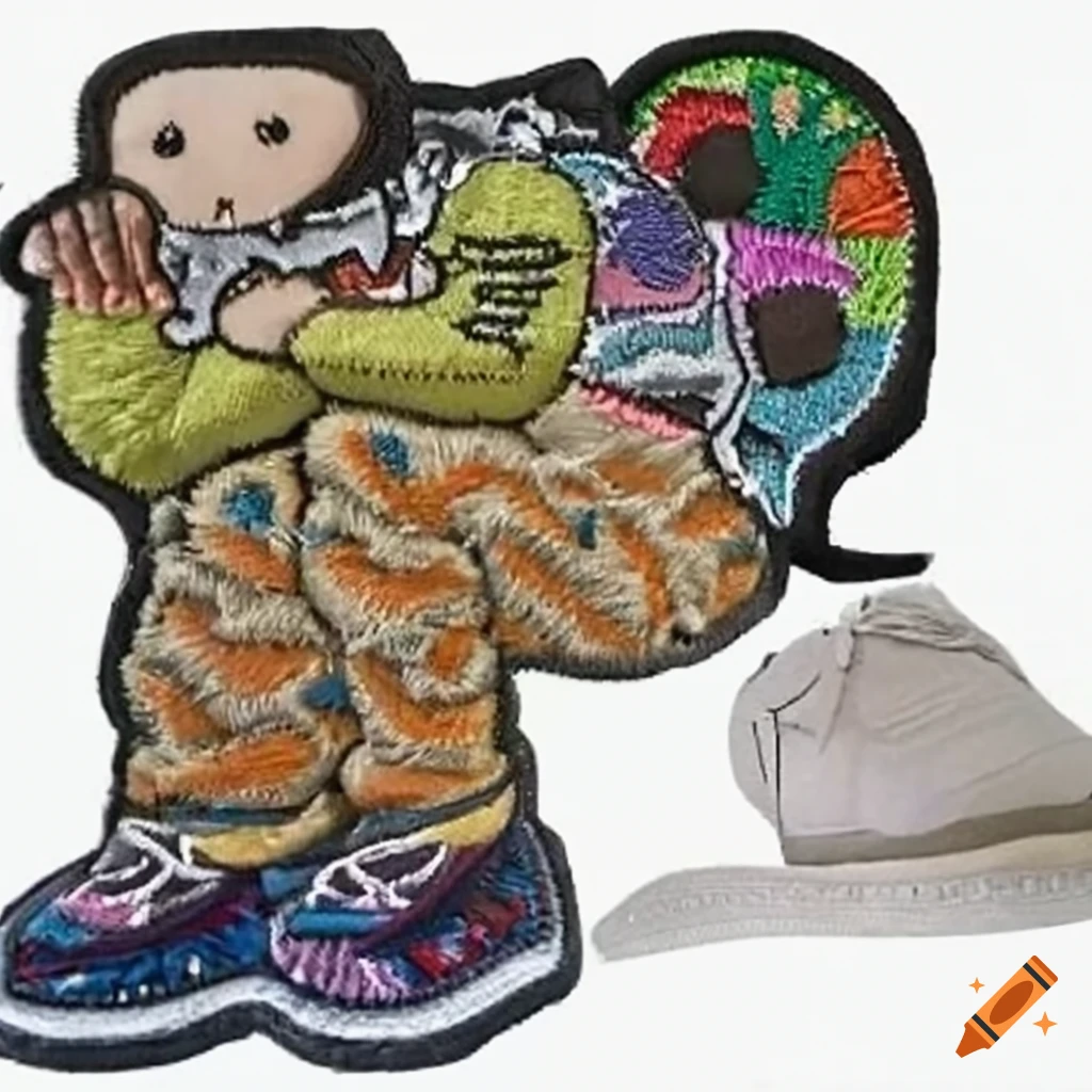 Embroidered patch of a DJ spliffy raver wearing skate clothes on Craiyon