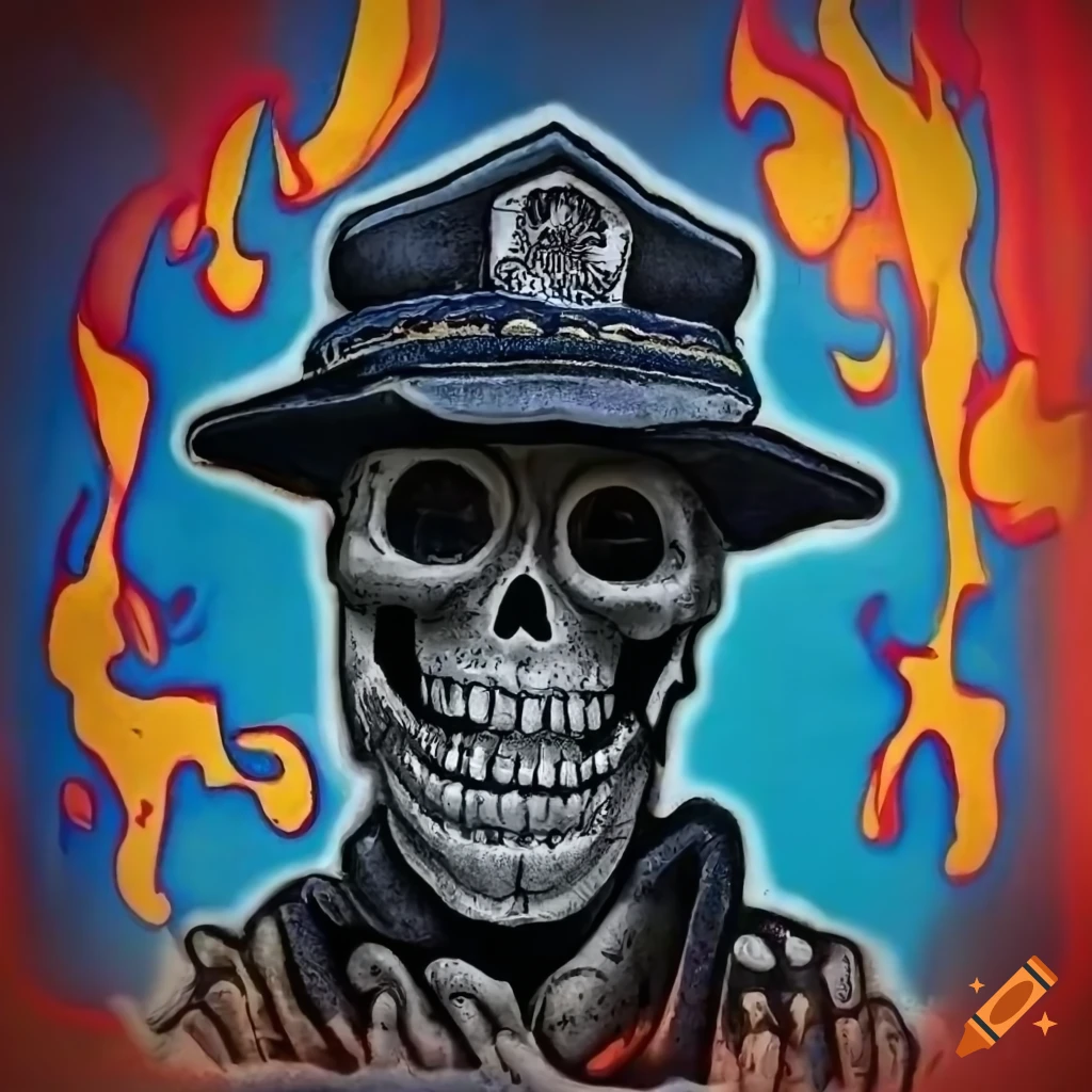 Logo of a fiery mexican skeleton with a police hat on Craiyon