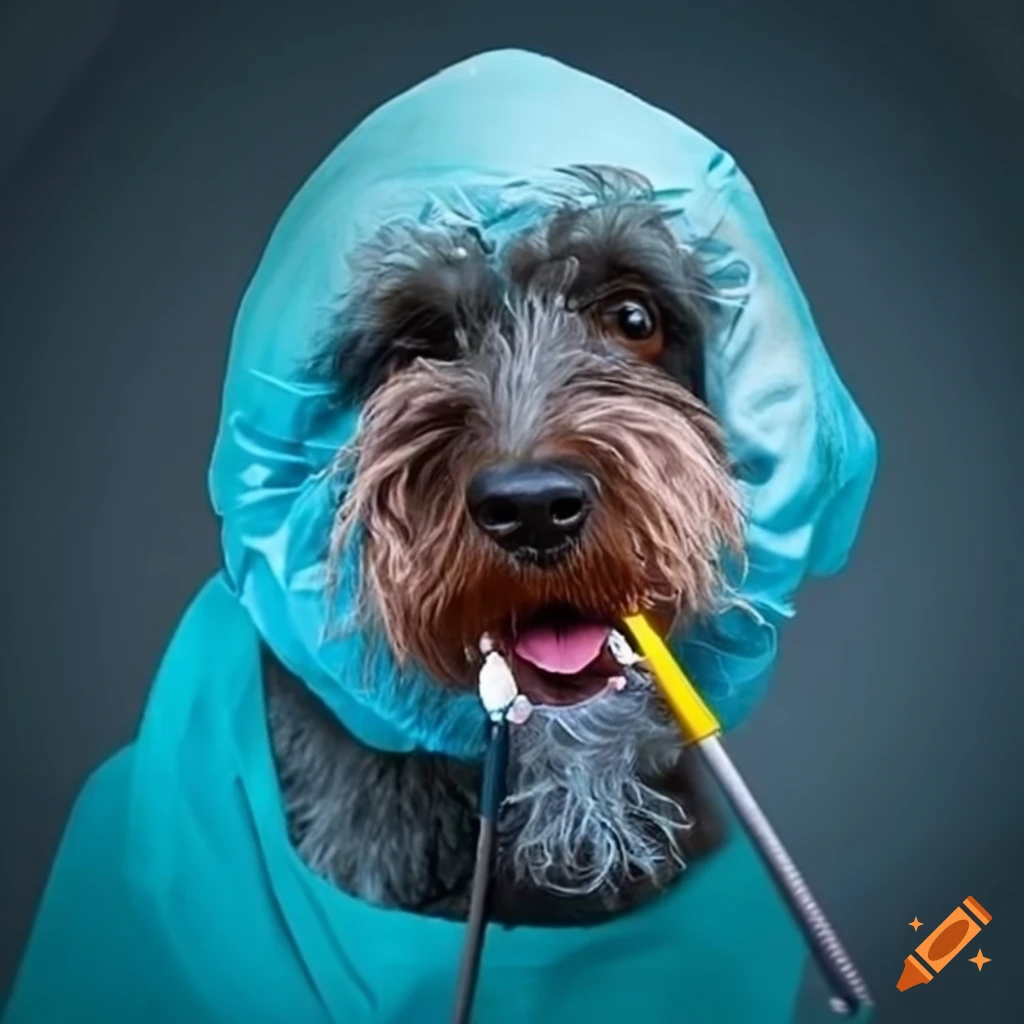 Funny black labradoodle dressed as a dentist performing surgery on Craiyon