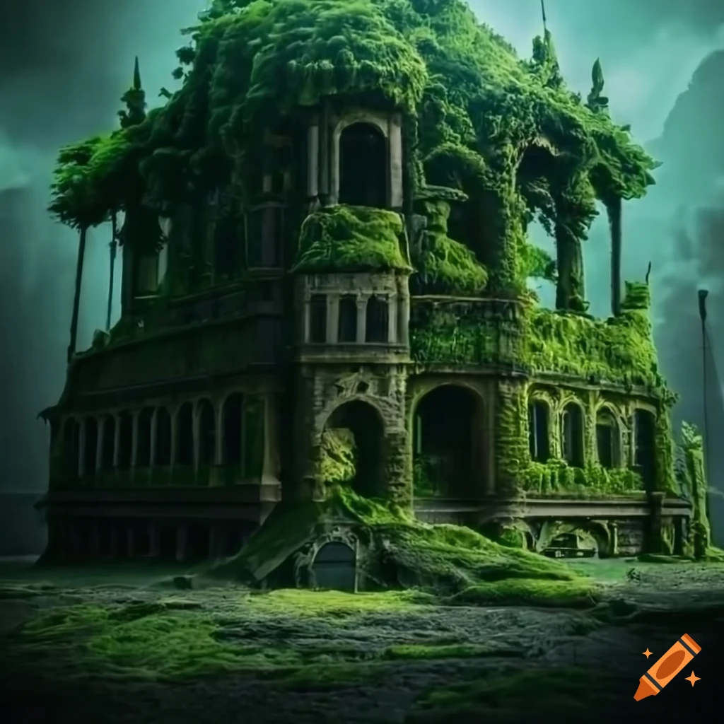 Steampunk city with a moss-covered building on Craiyon