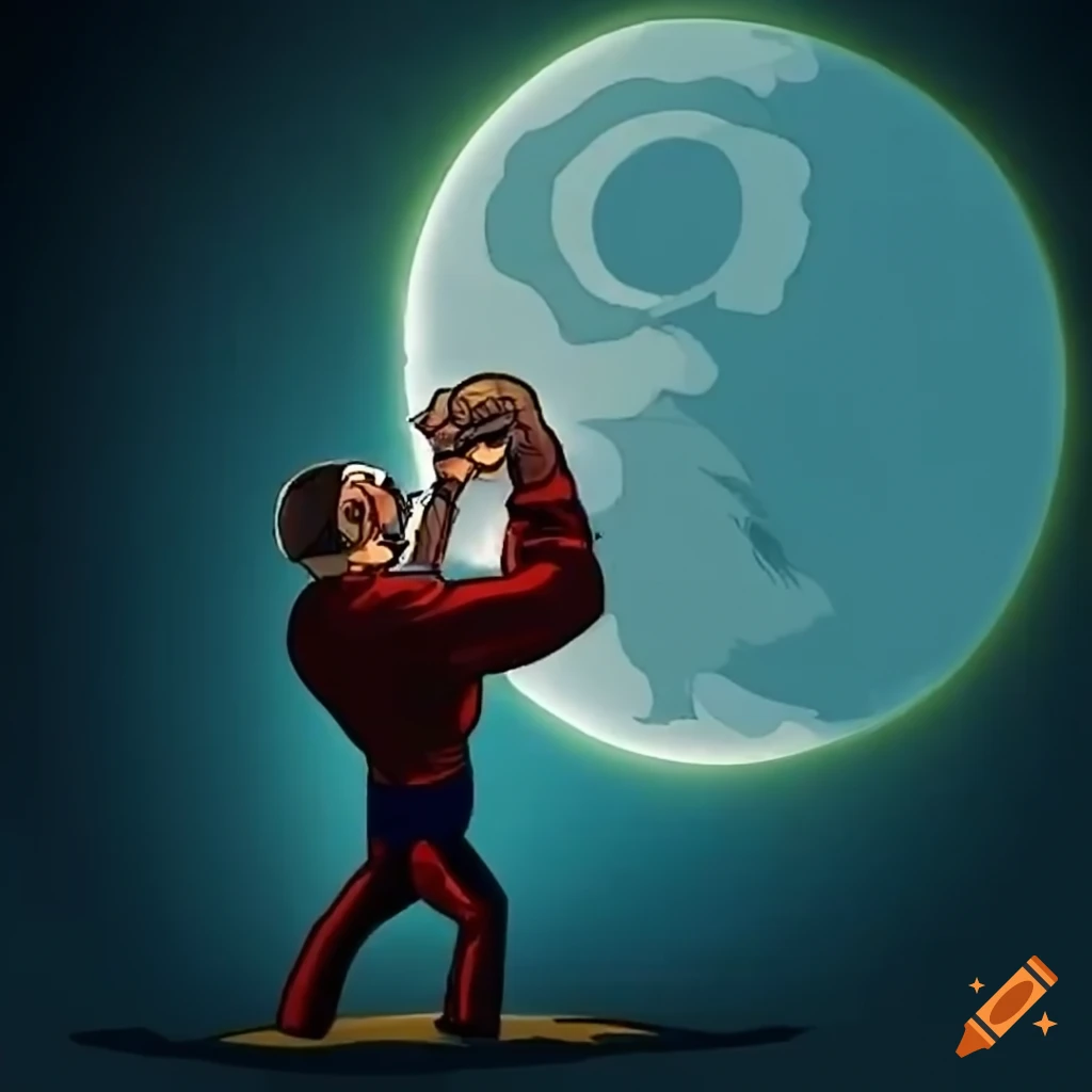 Cartoon of a man punching the moon