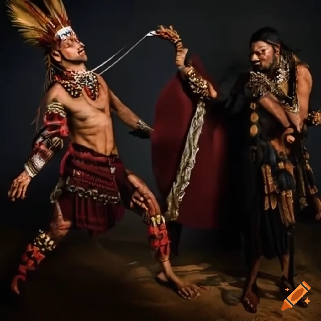 Portrait of a strong native american warrior holding knives in ...