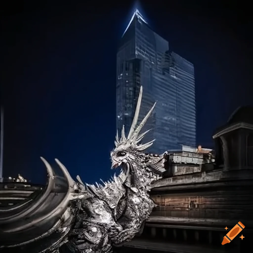 Epic silver dragon crashing into a skyscraper on Craiyon