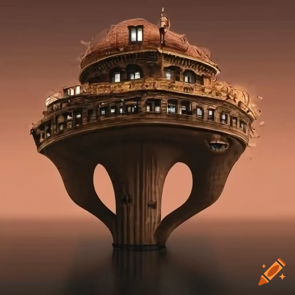 Steampunk city square with a unique tree-building structure on Craiyon