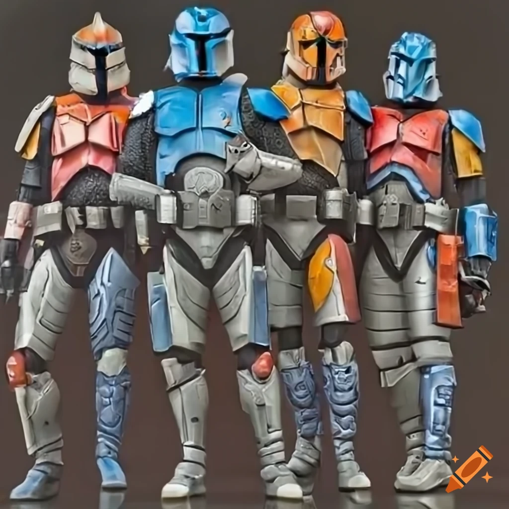 Group of Mandalorians in colorful armor on Craiyon