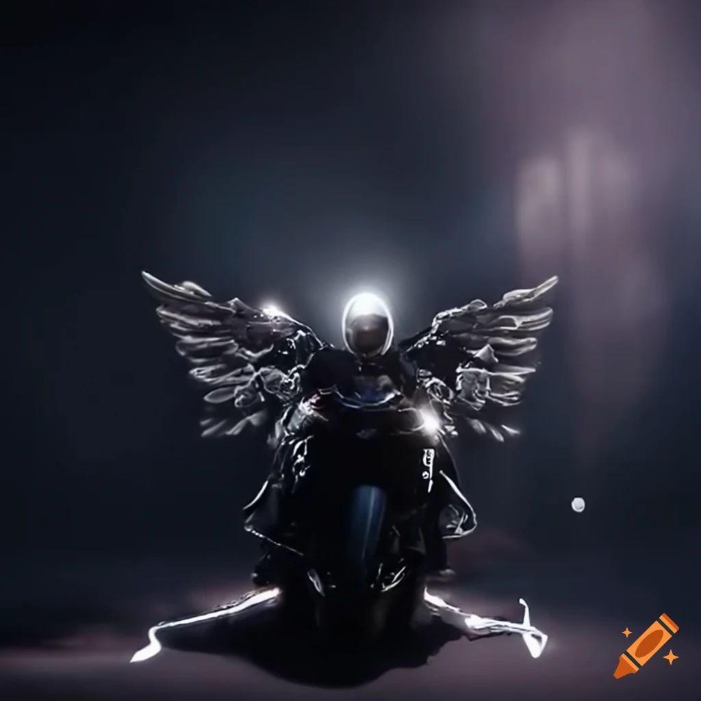 Photograph of a motorcyclist with angel wings on Craiyon