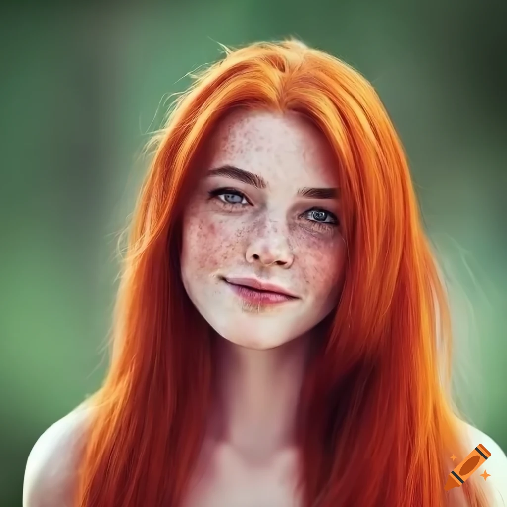 Girl with red hair, freckles, and heterochromia on Craiyon