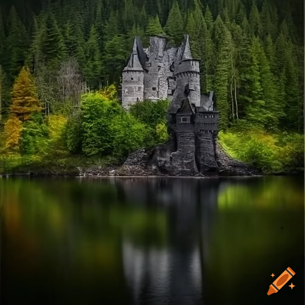 Black castle on a rock surrounded by a lake in the woods on Craiyon