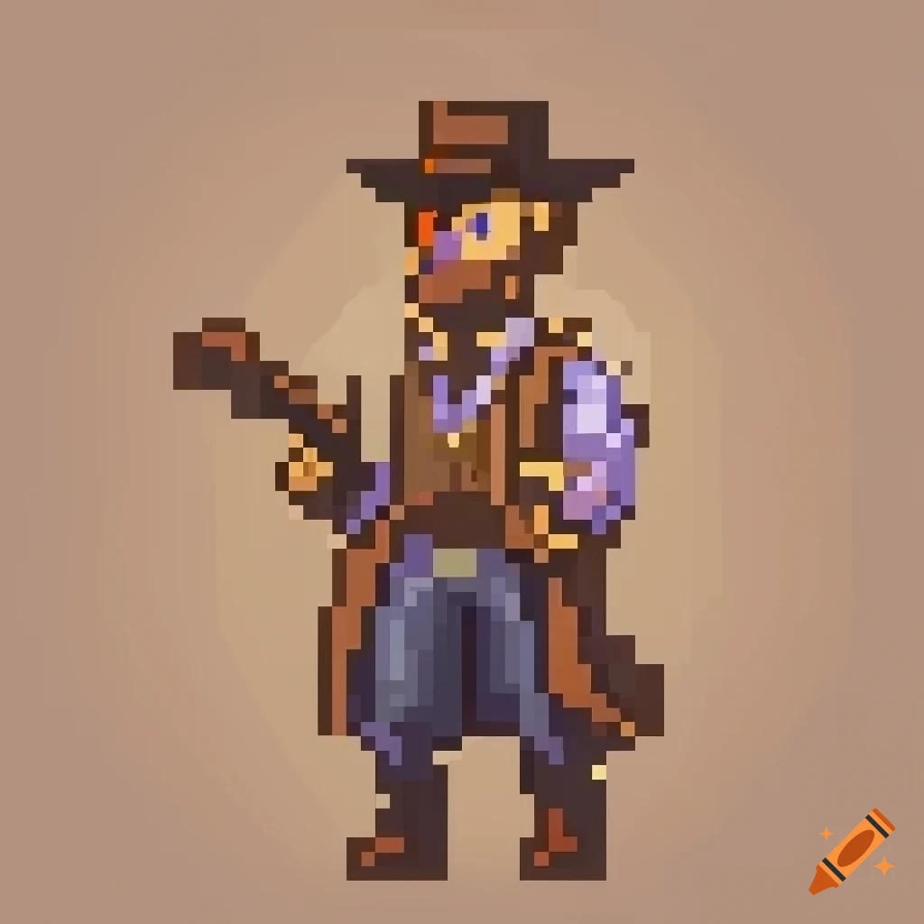 Pixel art of a store merchant in the wild west