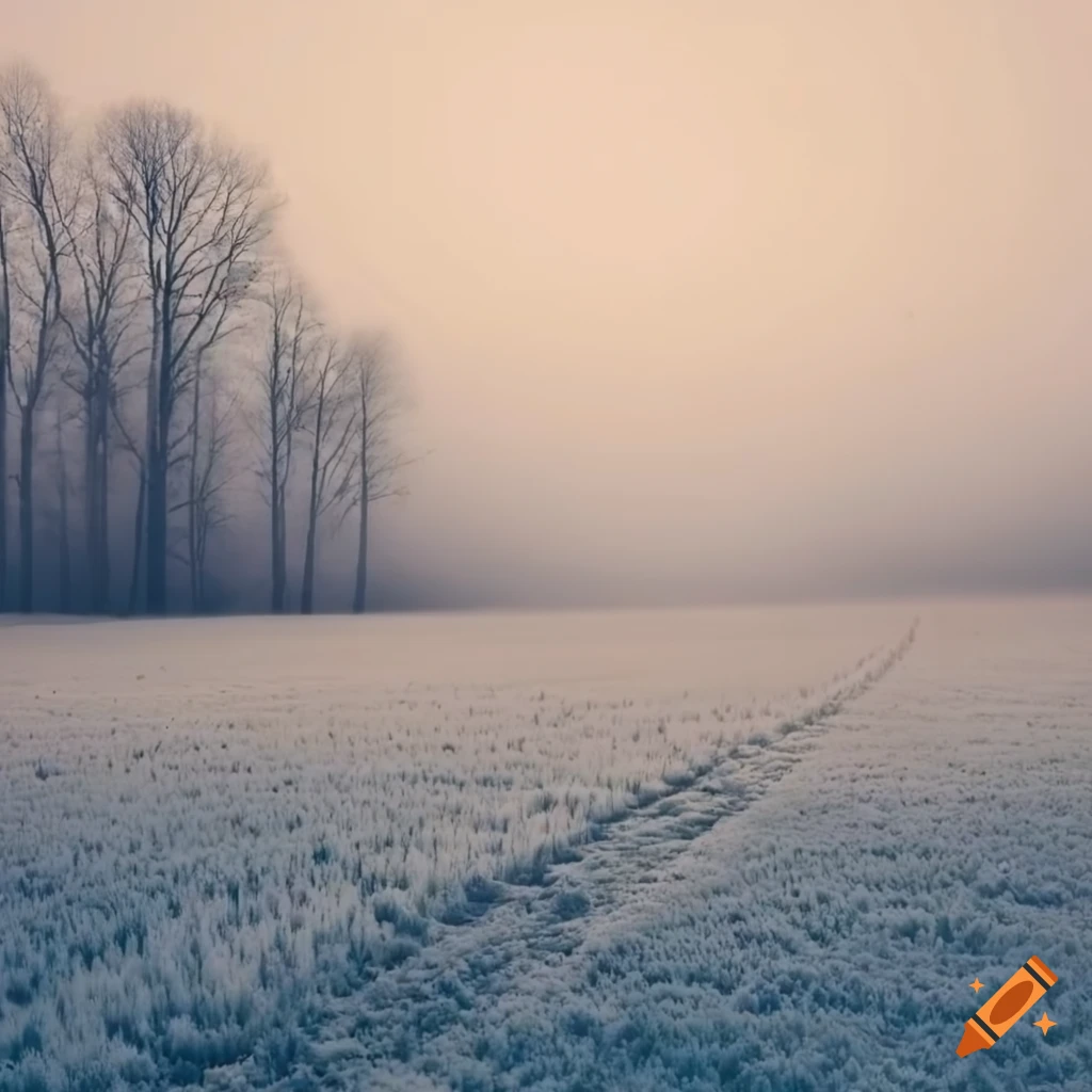Snowy fields covered in heavy fog on Craiyon
