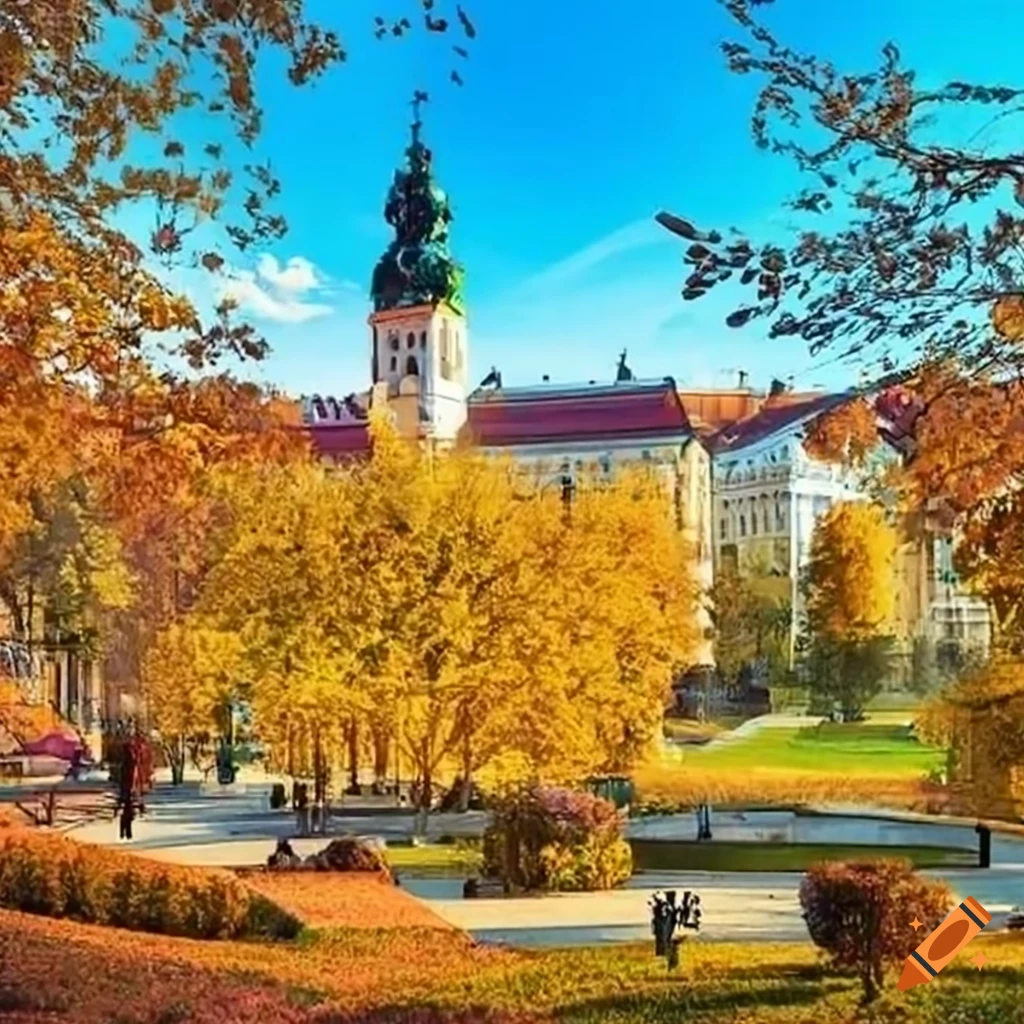Historic autumn city square in miskolc, hungary
