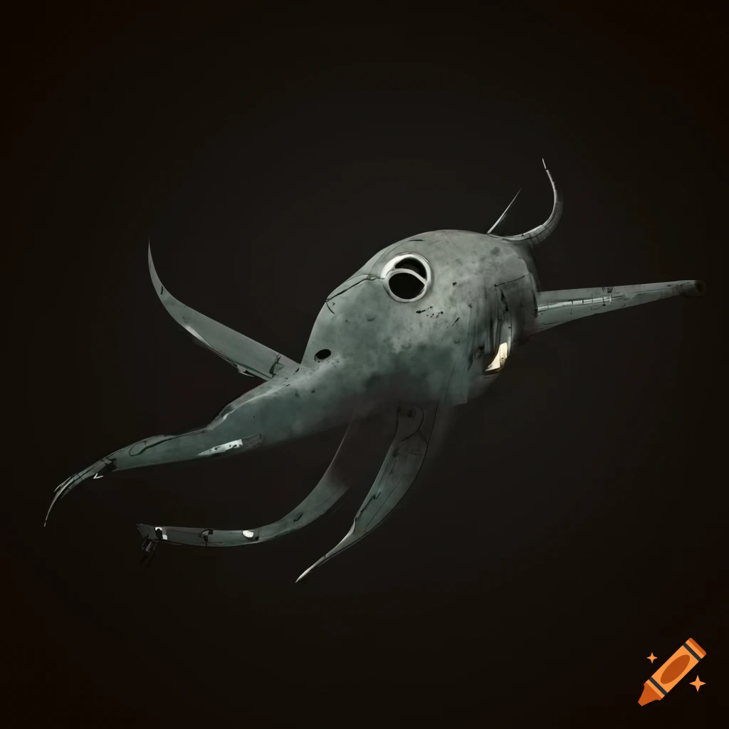 Schematic illustration of a squid-shaped aircraft on Craiyon
