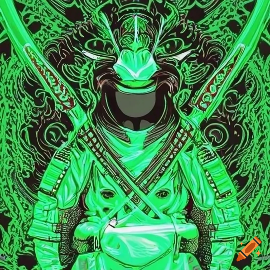 Neon green samurai with glowing green eyes on Craiyon