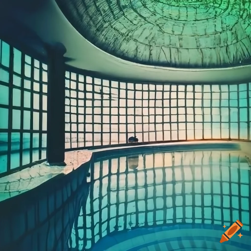 Spooky pool room with mosaic walls and water-covered floor on Craiyon