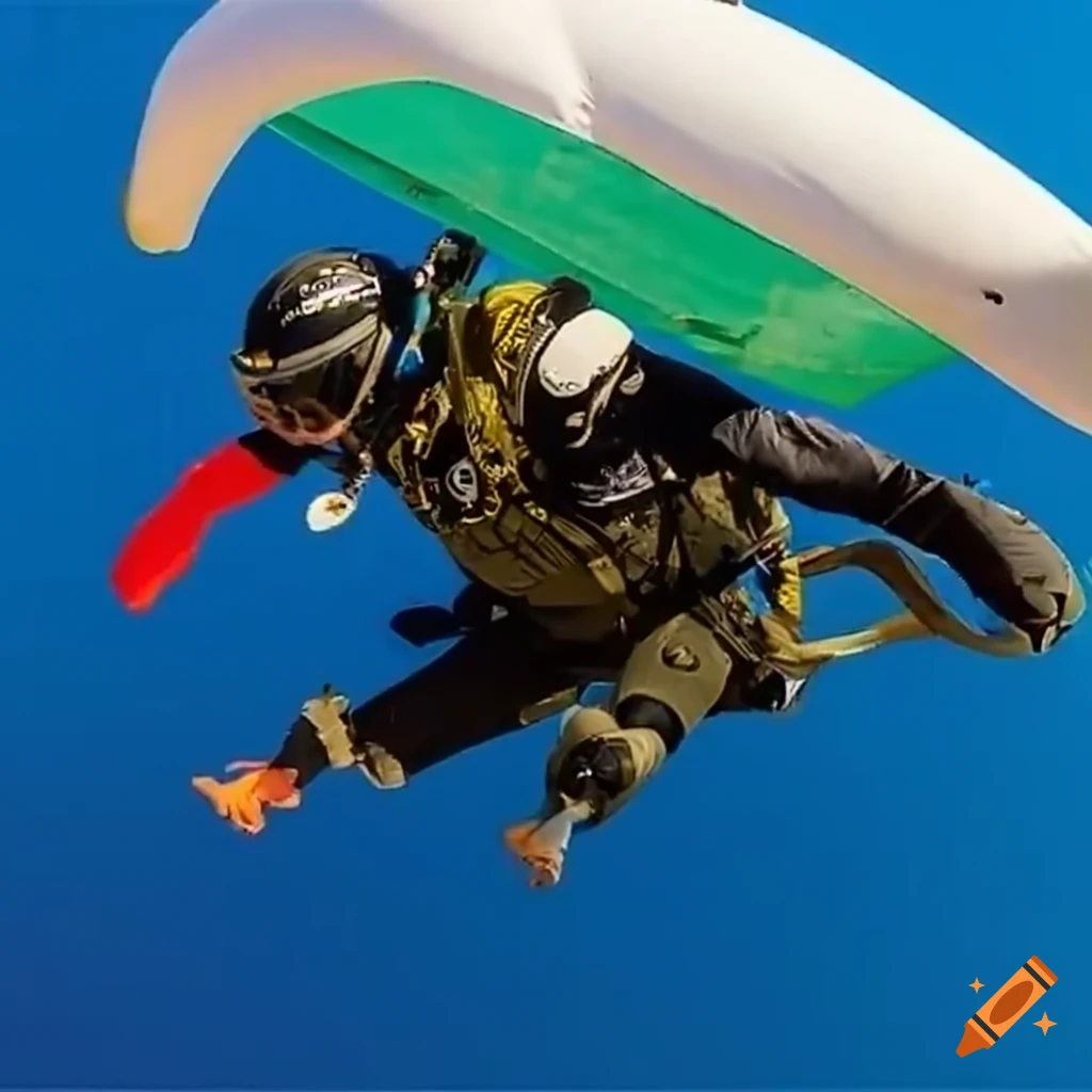 Humorous illustration of a goose skydiving