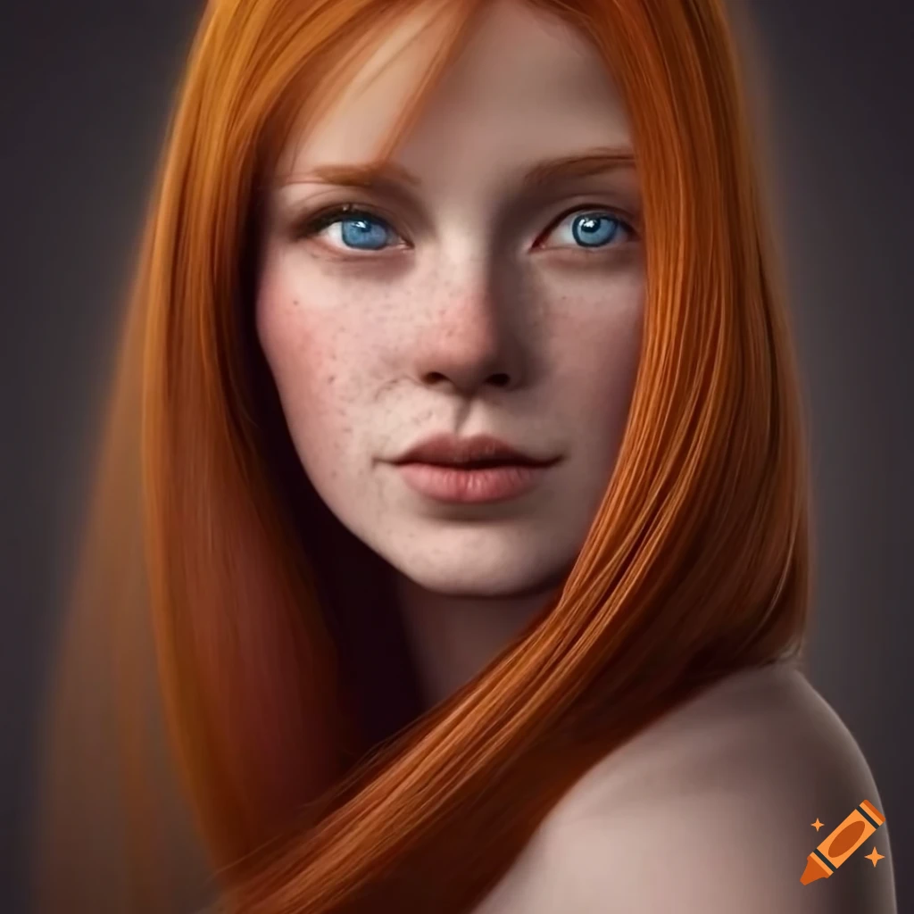 Portrait of a pretty woman with red hair and freckles on Craiyon
