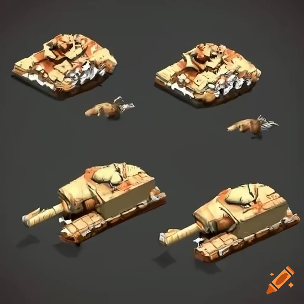 Isometric rts game with cavemen battling tanks made of bone on Craiyon