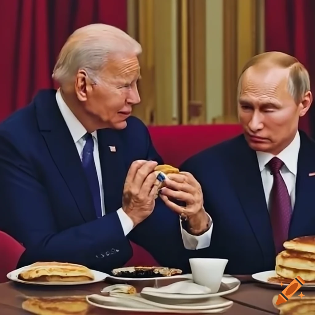 Putin and Biden enjoying pancakes and tea on Craiyon