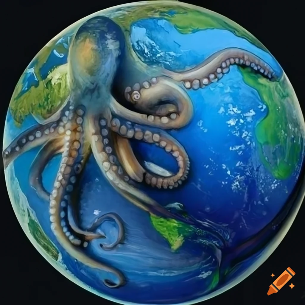 Artistic depiction of a giant blue octopus devouring the Earth on Craiyon
