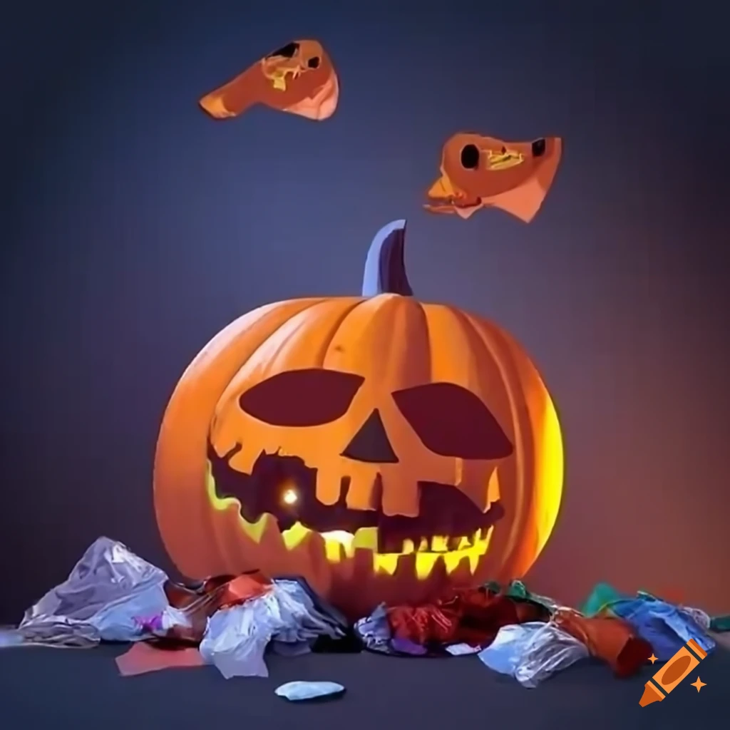 Spooky Halloween artwork with garbage forming a skull on Craiyon