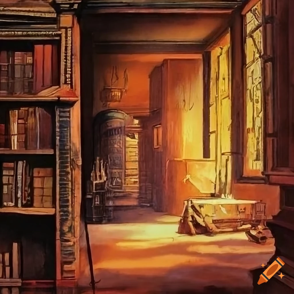 Liminal library setting, painting, low lighting, night, empty on Craiyon
